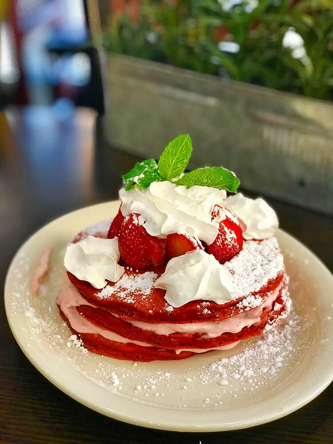 Red velvet pancakes topped with fresh strawberries and cream - because sometimes breakfast should feel like you're getting away with something deliciously naughty.