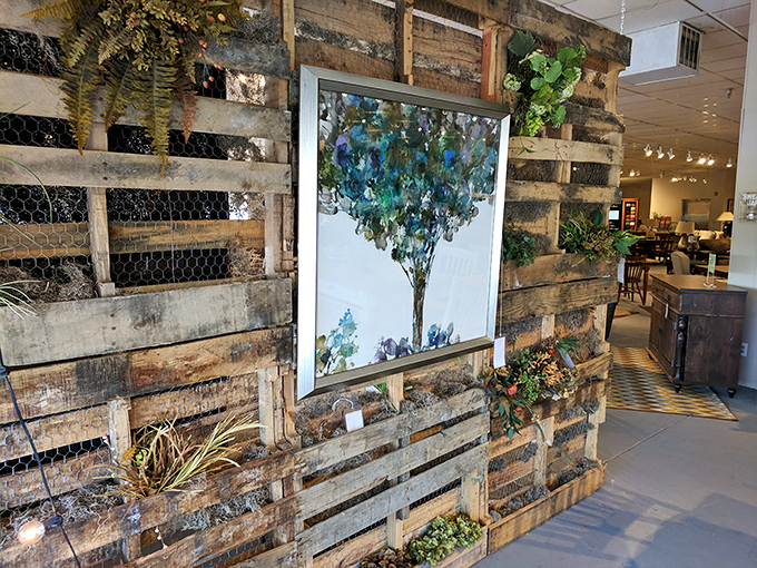 Who knew pallets could look this good? This rustic wall installation proves that reclaimed wood and chicken wire make surprisingly stylish bedfellows.