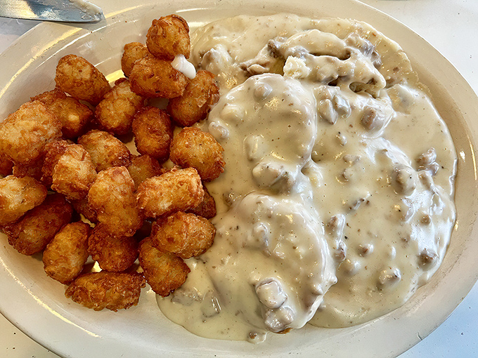 Biscuits and gravy with a battalion of golden tater tots &ndash; the breakfast that hugs you from the inside out on a cold Pennsylvania morning.