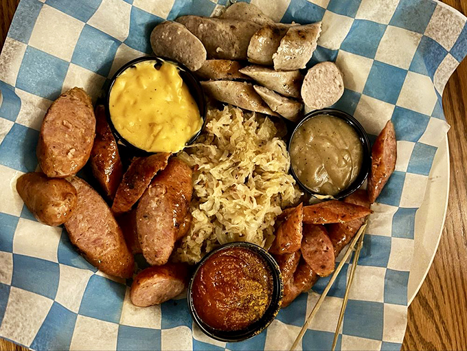 A sausage sampler that lets you play culinary matchmaker with mustards, sauerkraut, and beer cheese. Decisions have never been so delicious.