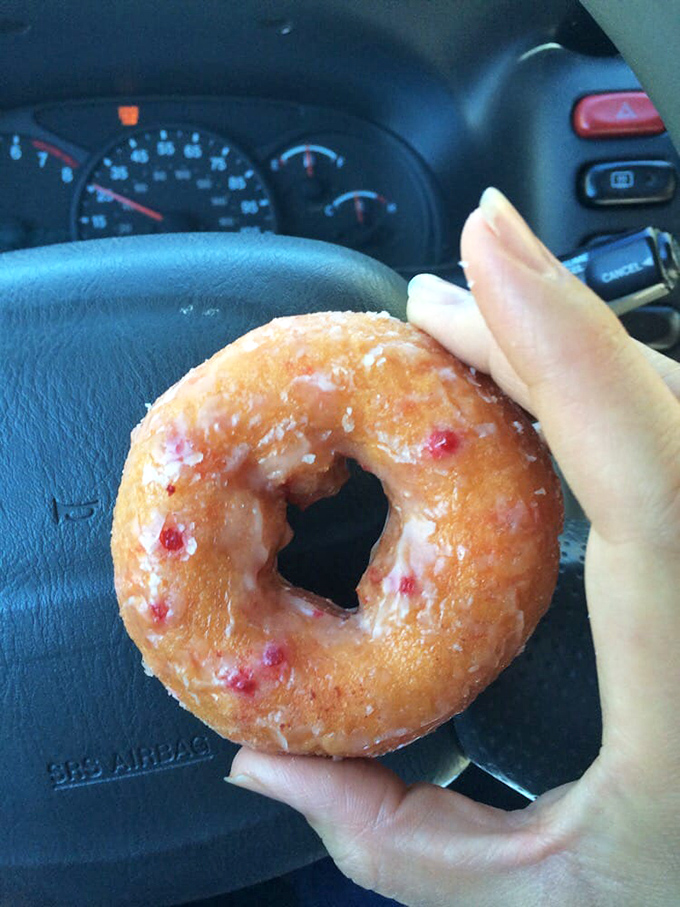 Car dashboard dining at its finest. Some treasures can't wait for a proper table &ndash; they demand immediate attention.