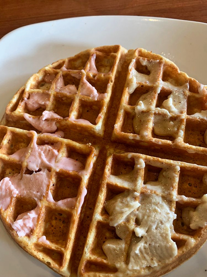 A waffle with four distinct personalities thanks to different schmears – like a delicious version of a personality quiz you can actually eat.