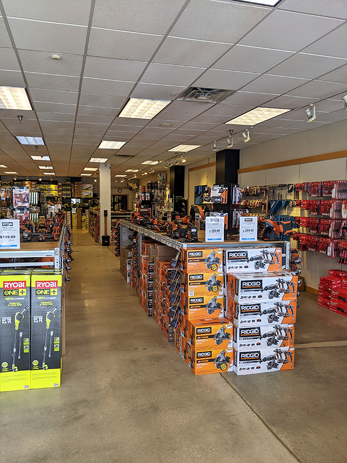 Tool paradise for DIY enthusiasts&mdash;where Ryobi and Ridgid boxes stack like orange and yellow building blocks of possibility.