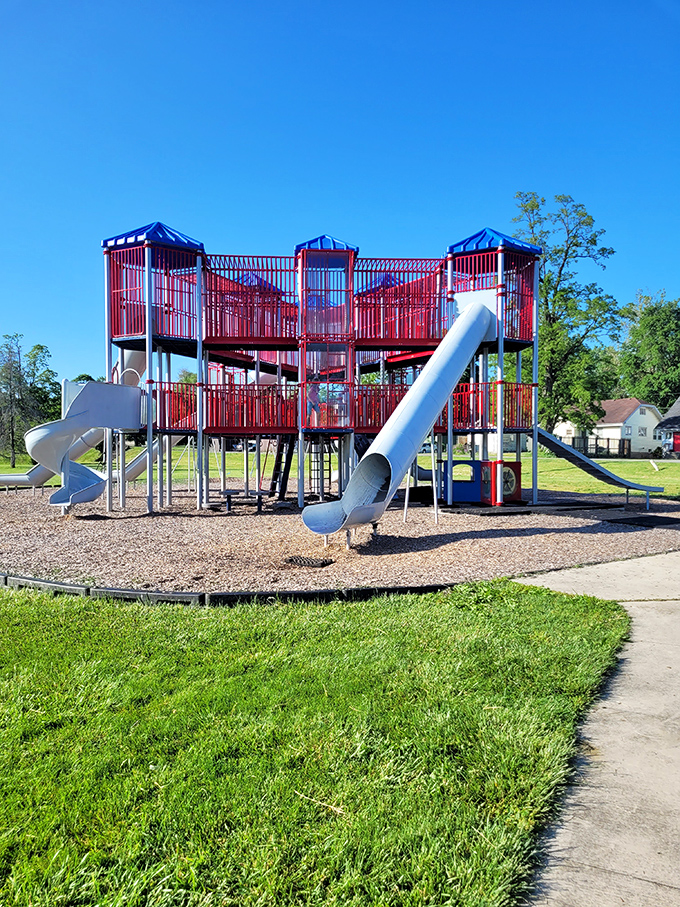 Tuhey Park's playground structures reach skyward like a child's imagination, offering adventures that no screen time can replicate.