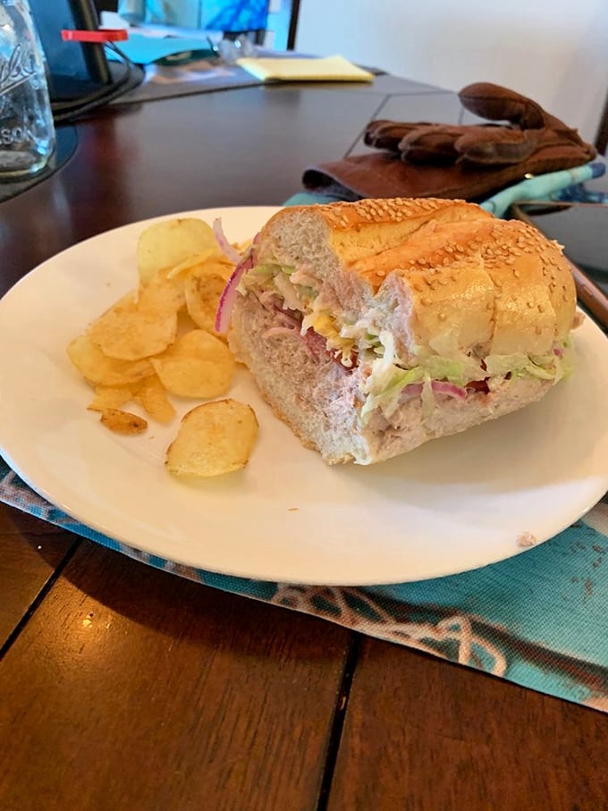 A sandwich so perfectly proportioned it belongs in the Louvre, with chips standing guard like crunchy sentinels of satisfaction.