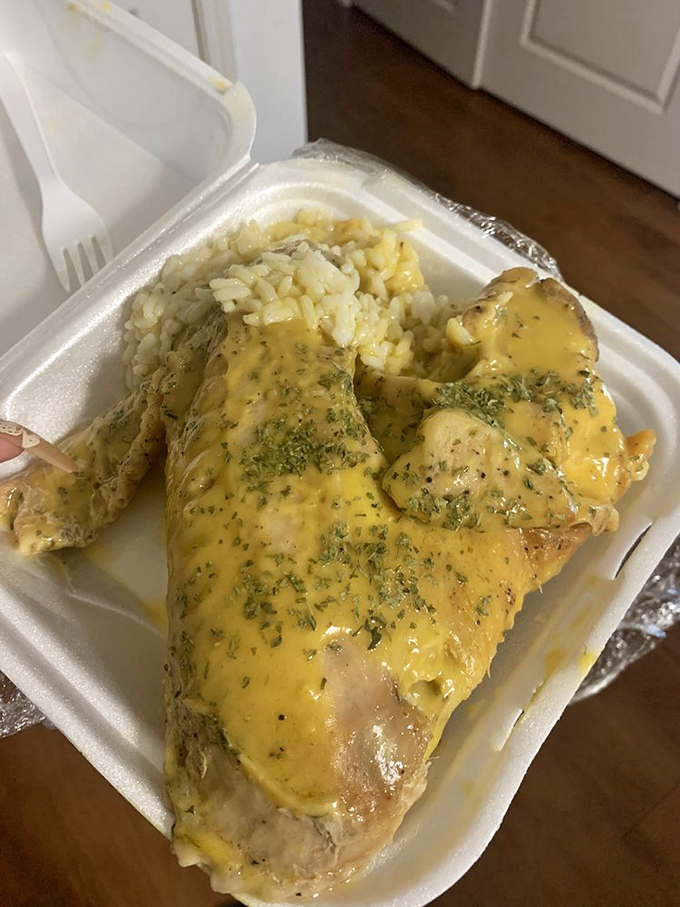 Smothered turkey drowning happily in savory gravy alongside perfectly cooked rice. Southern ingenuity at its most delicious.