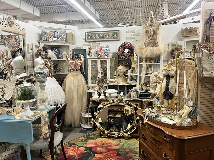 This ethereal corner looks like Miss Havisham's closet met a Victorian parlor and decided to throw a beautifully curated party where everything's for sale.