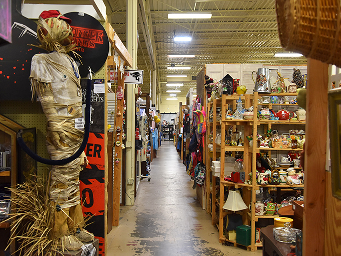 Navigate these narrow passages with care; the displays may be motionless, but your imagination runs wild in these packed corridors.