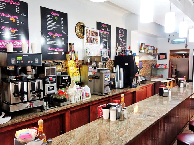 The retro counter experience&mdash;where marble meets wood in a timeless dance, and coffee machines hum the soundtrack to your morning ritual.