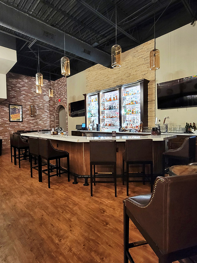 The bar area blends modern touches with classic warmth&mdash;the perfect spot to enjoy a pre-dinner drink while anticipating the meaty delights to come.