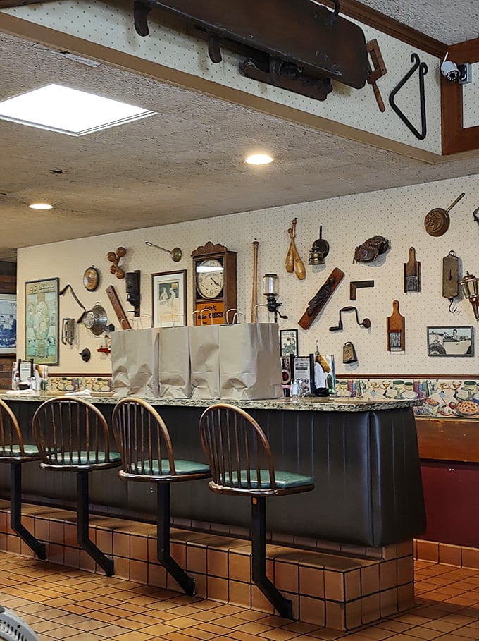 The counter where pie magic happens, surrounded by vintage kitchen tools. It's like a museum where everything still works&mdash;especially your appetite.