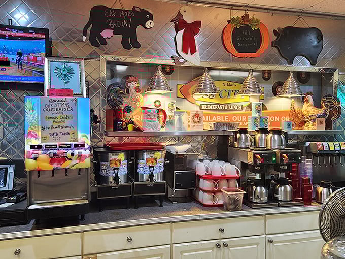 Beverage station or happiness headquarters? The colorful drink dispensers and coffee pots stand ready to fuel your day with liquid motivation.