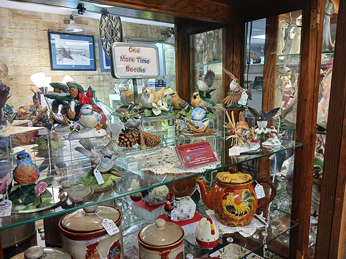 A menagerie of ceramic feathered friends perch alongside vintage teapots, waiting for collectors who appreciate both form and whimsy.
