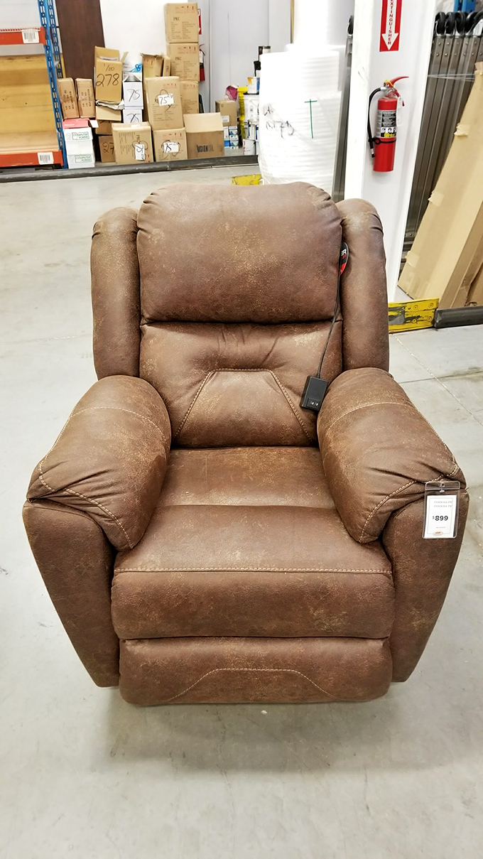 This recliner waits in the warehouse like a lonely puppy at the shelter, practically begging, "Take me home and fall asleep watching golf on me."