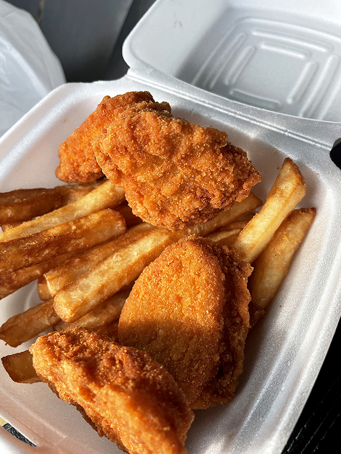 Comfort food knows no cultural boundaries. These golden-fried chicken nuggets and fries prove that some pleasures are truly universal.