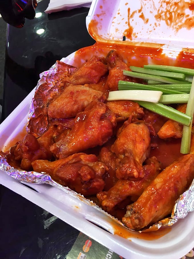 Buffalo wings with celery sticks &ndash; nature's perfect balance of spicy indulgence and token vegetable matter. Self-care in a takeout container.