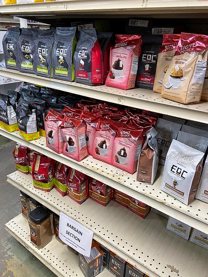 Premium coffee brands line the shelves, promising morning rituals that fuel productive days ahead perfectly.