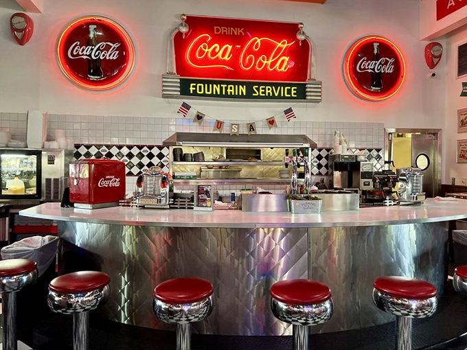 The soda fountain counter gleams with promise&mdash;a shrine to Coca-Cola and the art of the perfect fountain drink.