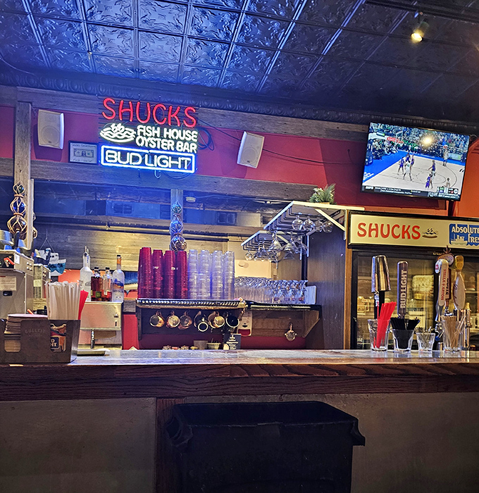 A bar that promises good times and great seafood. The neon sign glows like a lighthouse beacon for the seafood-starved Midwesterner.