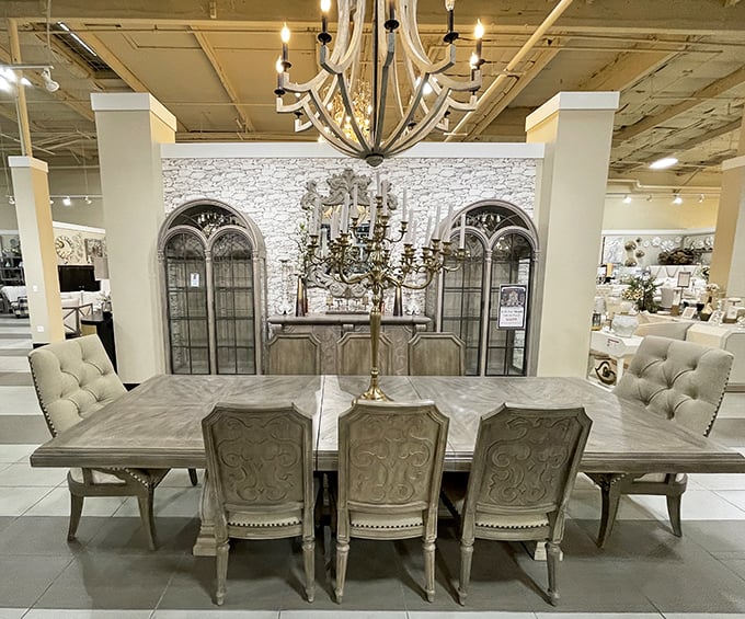 A dining set fit for royalty, where even Tuesday's leftover meatloaf would feel like a state dinner under that magnificent chandelier.