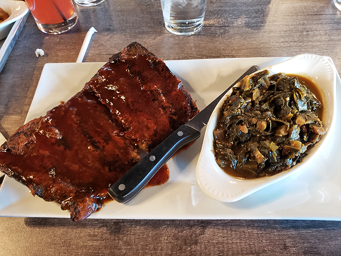 Ribs glazed with sauce so good you'll be licking your fingers long after the meat is gone, paired with greens that mean serious business.