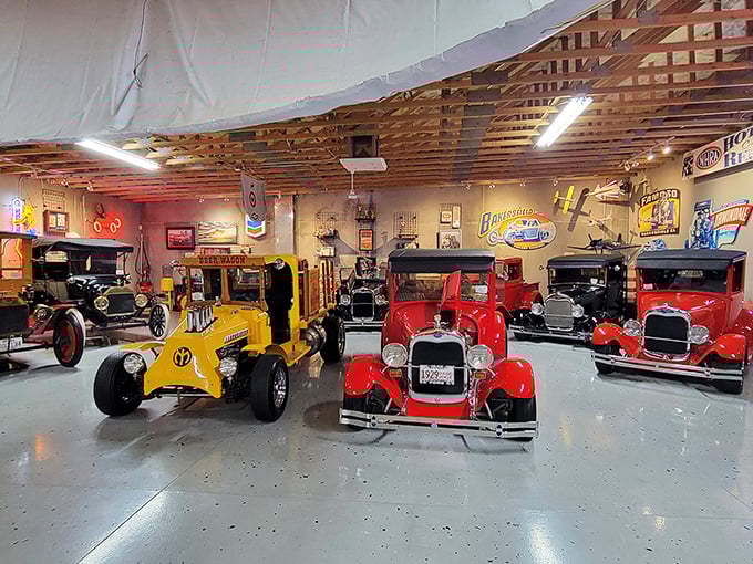 A rainbow of hot rods under exposed beam ceilings. The yellow speedster looks like it's doing 80 mph while standing perfectly still.