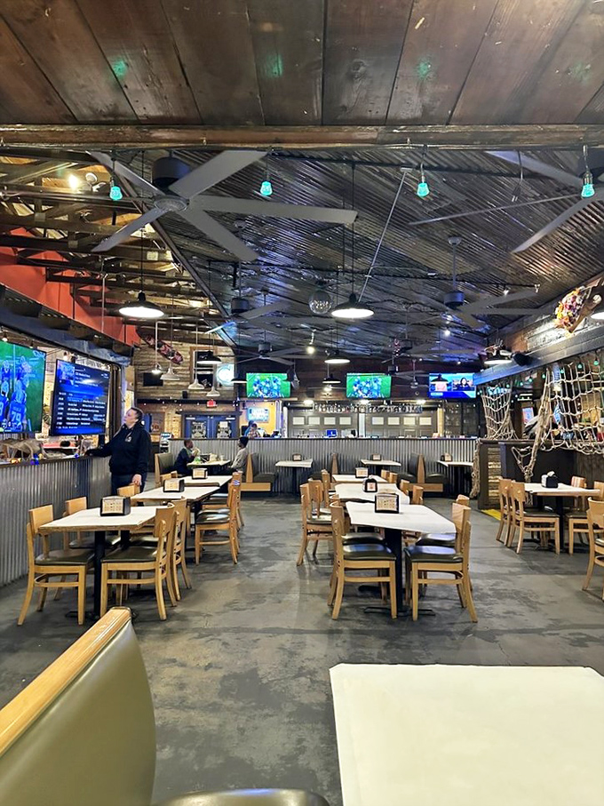 The dining room feels like the world's most comfortable ship's galley&mdash;corrugated metal, wooden beams, and the promise of seafood treasures.