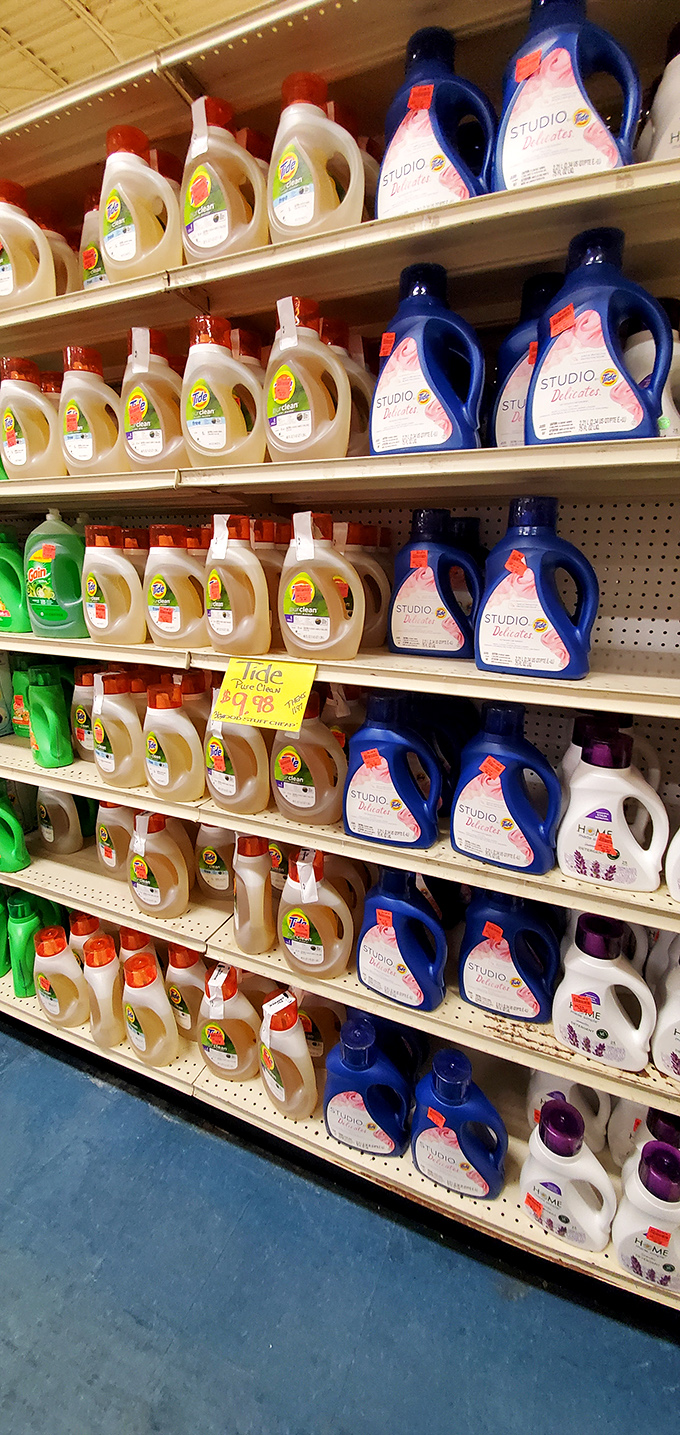 Laundry detergent bottles stand in formation like soldiers ready to battle Michigan's toughest stains, from cherry season spills to Up North camping mishaps.