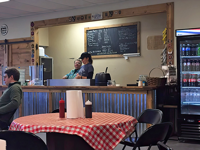 Where decisions are made and barbecue is served. The corrugated metal counter front adds just the right amount of rustic charm.