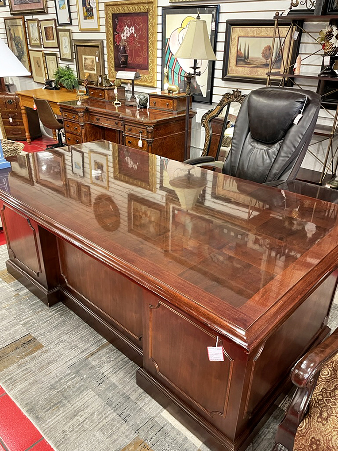This isn't just an executive desk &ndash; it's a statement that says "my Zoom background is better than yours." Mahogany magnificence for the home office.