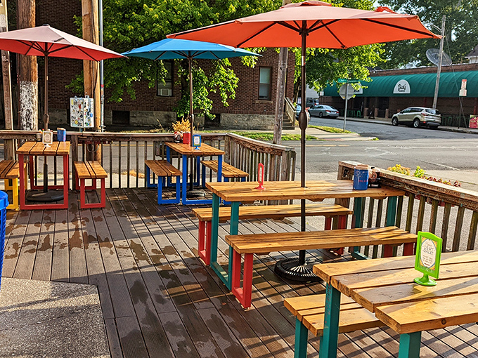 The rainbow-colored outdoor seating area feels like the happiest school cafeteria you never had, where breakfast is always the best subject.