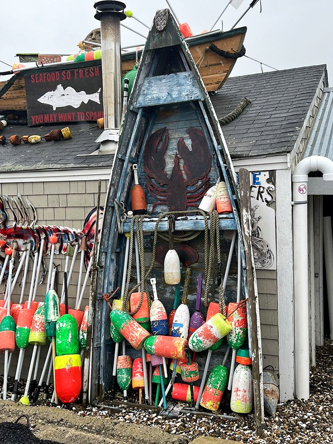 Where fishing meets art: This weathered boat transformed into buoy storage is New England coastal charm personified.