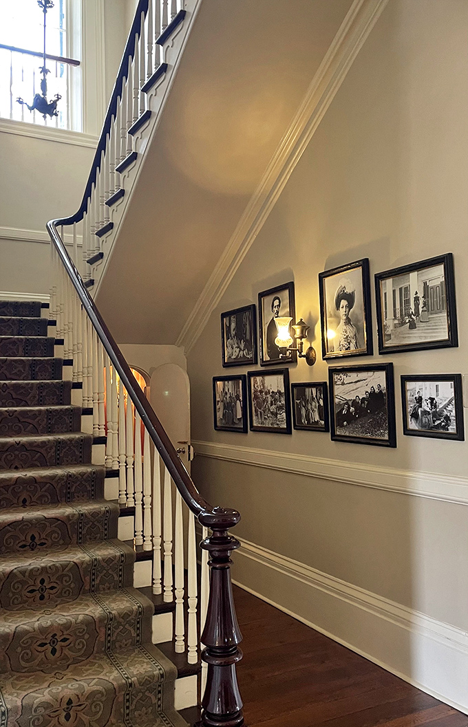 A staircase worthy of Cinderella's grand entrance, flanked by historical photographs that whisper tales of Natchez's storied past.