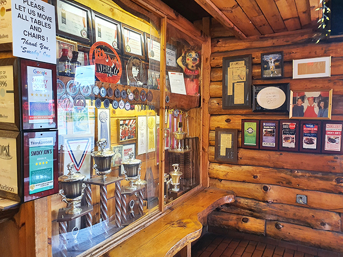 Trophy case that would make an Olympic athlete jealous. Years of competition-winning barbecue expertise on display&mdash;edible gold medals for your mouth.
