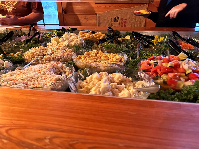 The salad bar isn't trying to win awards for presentation, but those colorful salads nestled on beds of greens offer the perfect starter to balance the hearty mains.