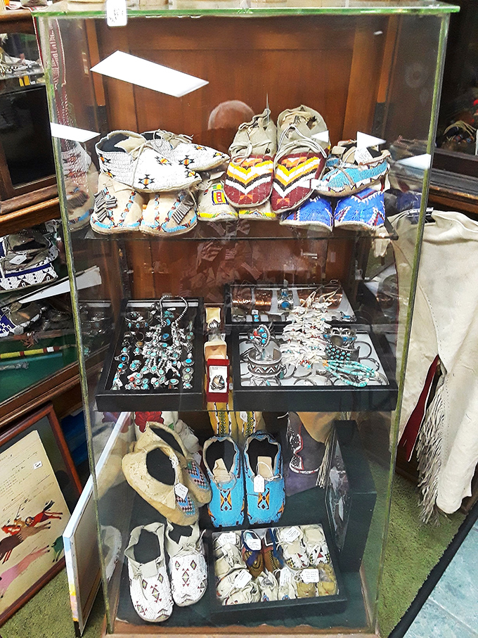 Native American craftwork tells Oklahoma stories through intricate beadwork and thoughtful design &ndash; these moccasins walked through history before arriving here.