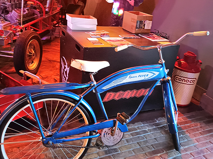 Two-wheeled nostalgia! This vintage Dema Space Flyer bicycle proves the museum celebrates all forms of transportation that captured America's imagination.