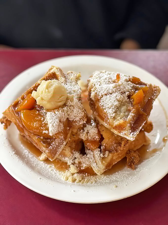 Chicken and waffles with a side of peach cobbler&mdash;the breakfast equivalent of having your cake and eating it too.