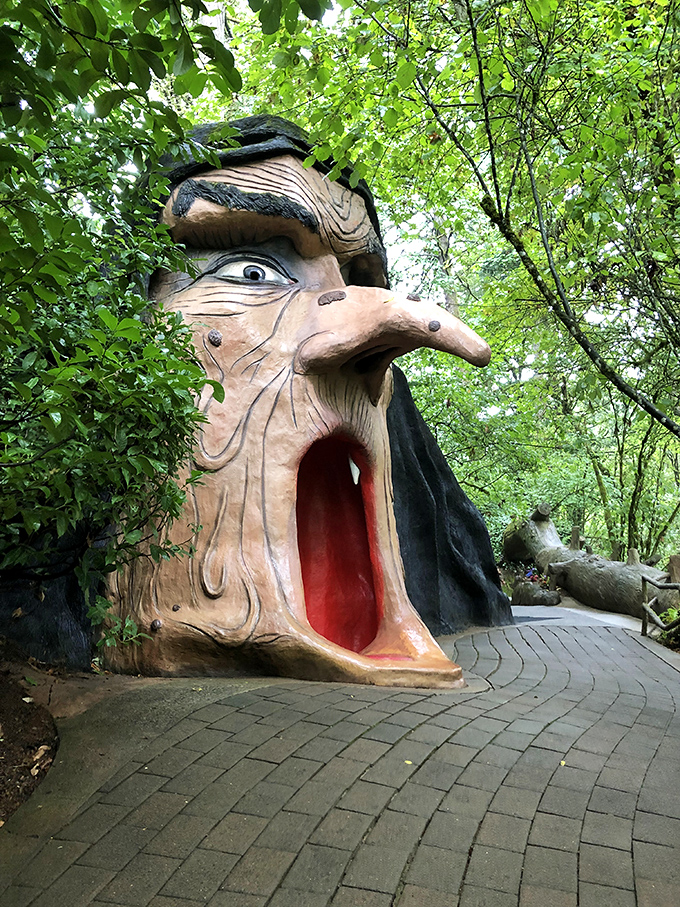 The witch's cackling face serves as both entrance and attraction. Talk about making a dramatic first impression on park visitors! 