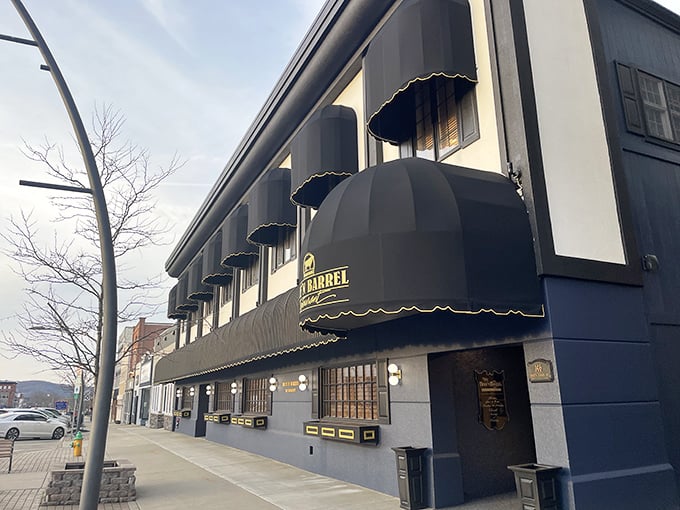 The deep blue of Beef-N-Barrel's exterior is like a beacon in the night, guiding hungry souls toward prime rib salvation.