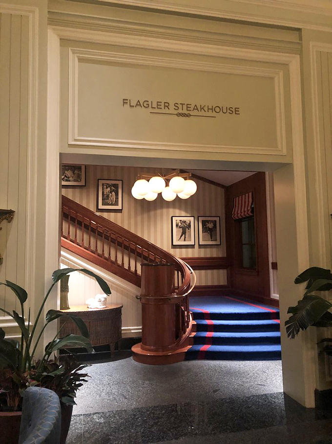 The elegant entrance to Flagler Steakhouse promises a Palm Beach dining experience that even locals consider special-occasion worthy.