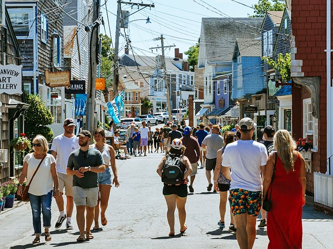 The bustling streets of Rockport in summer, where tourists flock like seagulls to a dropped ice cream cone.