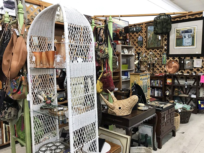 This vendor's corner is a masterclass in organized chaos, where wicker meets copper meets framed art in a dance of d&eacute;cor possibilities.