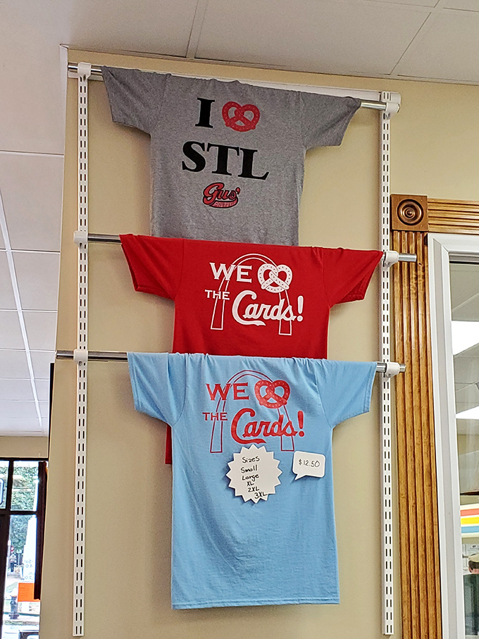 These t-shirts tell the whole St. Louis story: pretzels and Cardinals baseball – the twin pillars of local happiness hanging side by side.