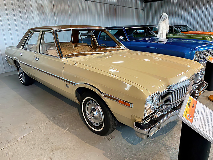 The 1977 Dodge sedan—when American cars were living rooms on wheels, designed for cross-country family road trips and questionable wood-paneled aesthetics.