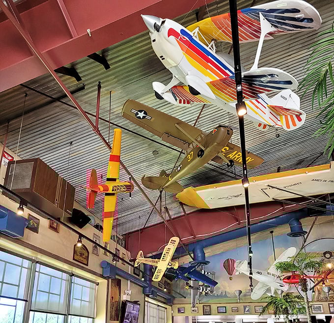 Look up! The ceiling at Pilot Pete's is an aviation enthusiast's dream and a conversation starter for the rest of us.