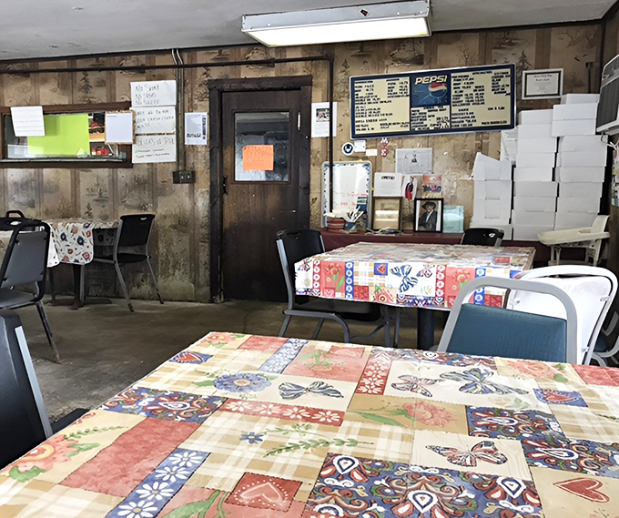 Patchwork tablecloths and simple chairs &ndash; the dining room equivalent of "we put all our effort into the food." And it shows.