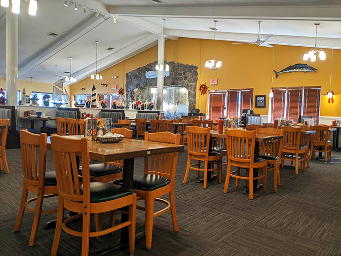 Wooden chairs and nautical d&eacute;cor create the perfect backdrop for seafood feasting. Comfortable enough to linger, casual enough to relax.