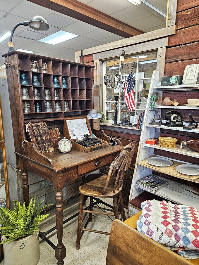 A perfectly staged writer's nook that whispers, "Hemingway might have sat here," complete with vintage typewriter and American pride.