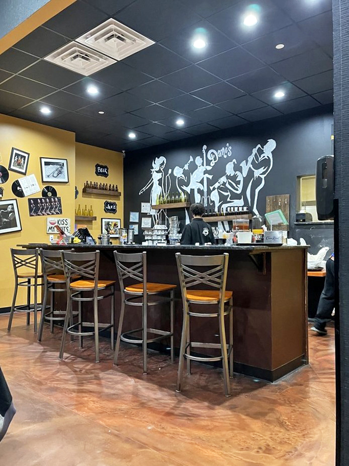 The bar area feels like jazz in architectural form – smooth, cool, with rhythm in its design and a mural that sets the perfect mood.